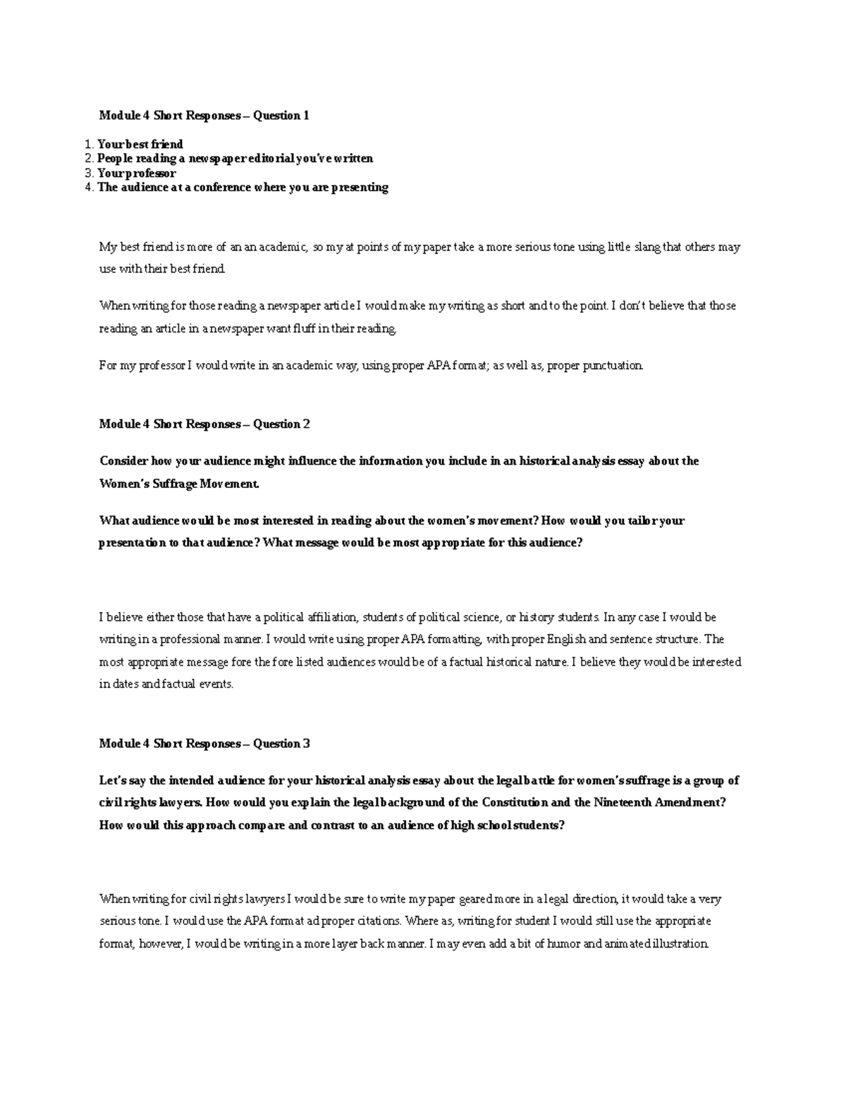 Short answer week 4 - Module 4 Short Responses – Question 1 Your best ...