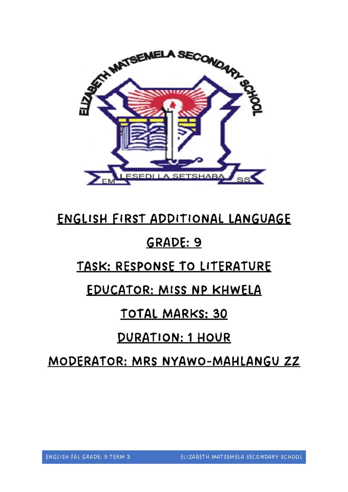 English FAL TERM 3 Literature TEST - ENGLISH FIRST ADDITIONAL LANGUAGE ...