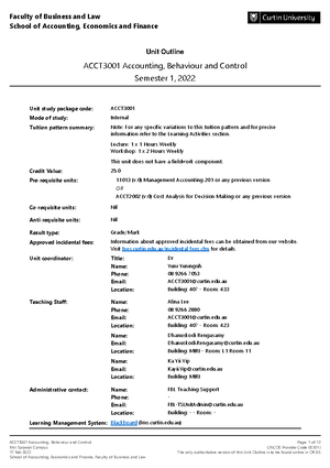 ACCT3001 Accounting, Behaviour and Control Semester 1 2024 Miri Sarawak Campus INT - Unit study ...