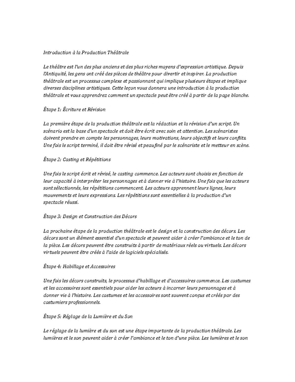 Theatre Production Study Notes - Introduction à la Production Théâtrale ...