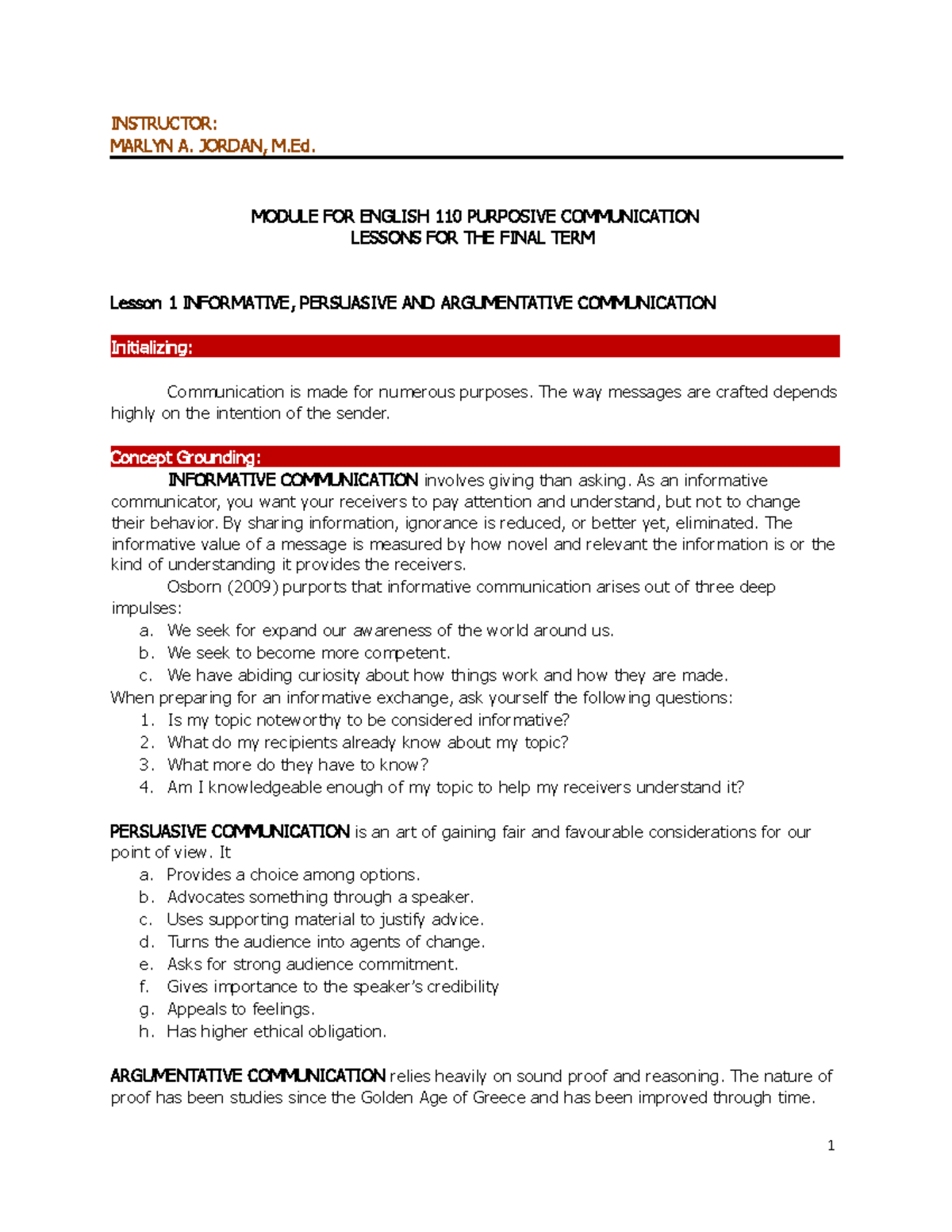 Purcom. Finals - INSTRUCTOR: MARLYN A. JORDAN, M. MODULE FOR ENGLISH 110 PURPOSIVE COMMUNICATION ...