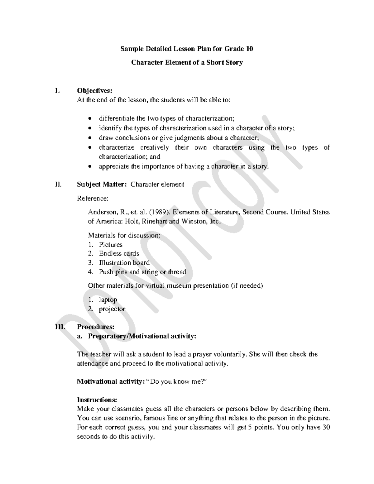 Sample Detailed Lesson Plan for Grade 10 about Character Element 1 ...
