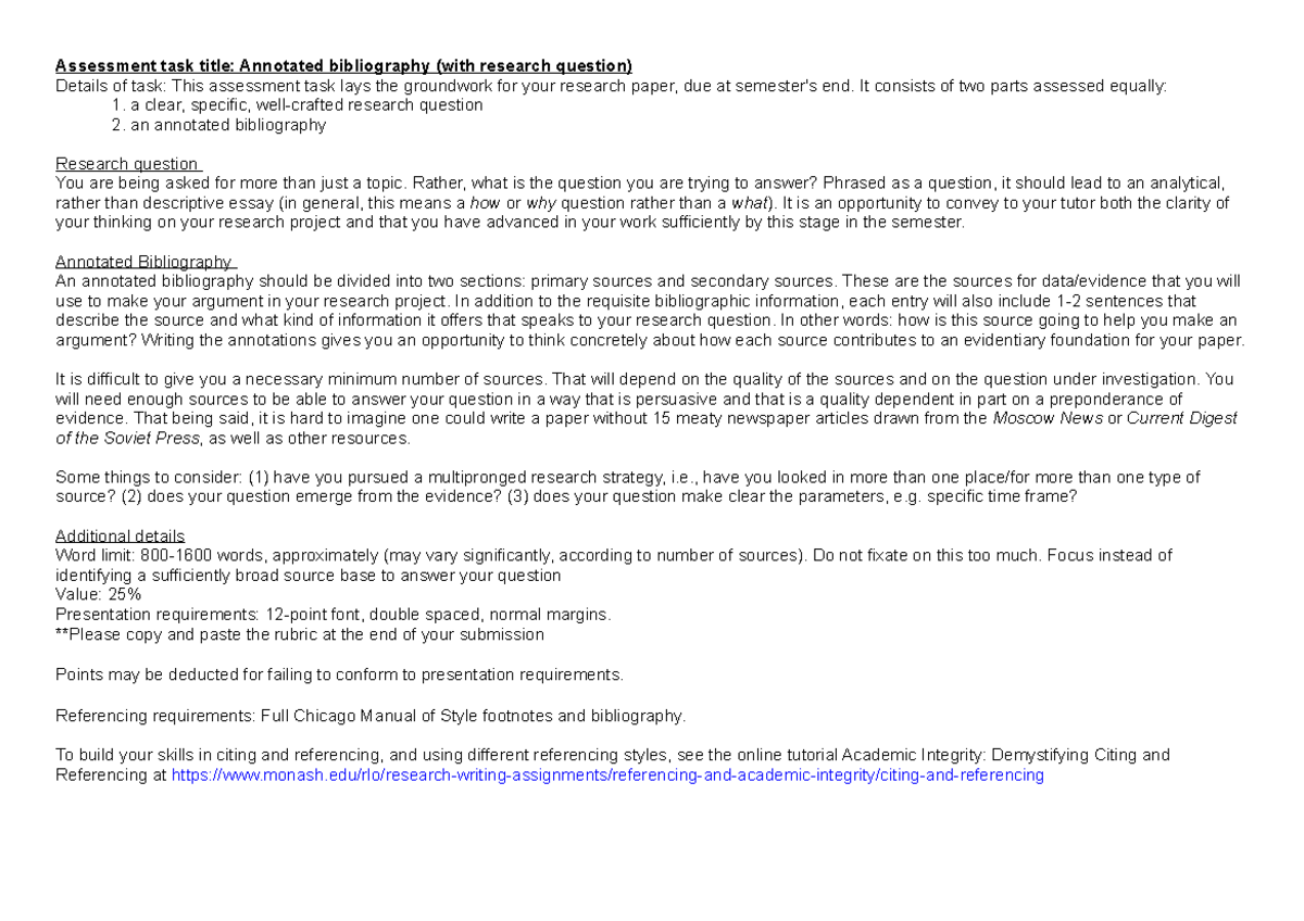 Annotated biblio - Assessment task title: Annotated bibliography (with ...