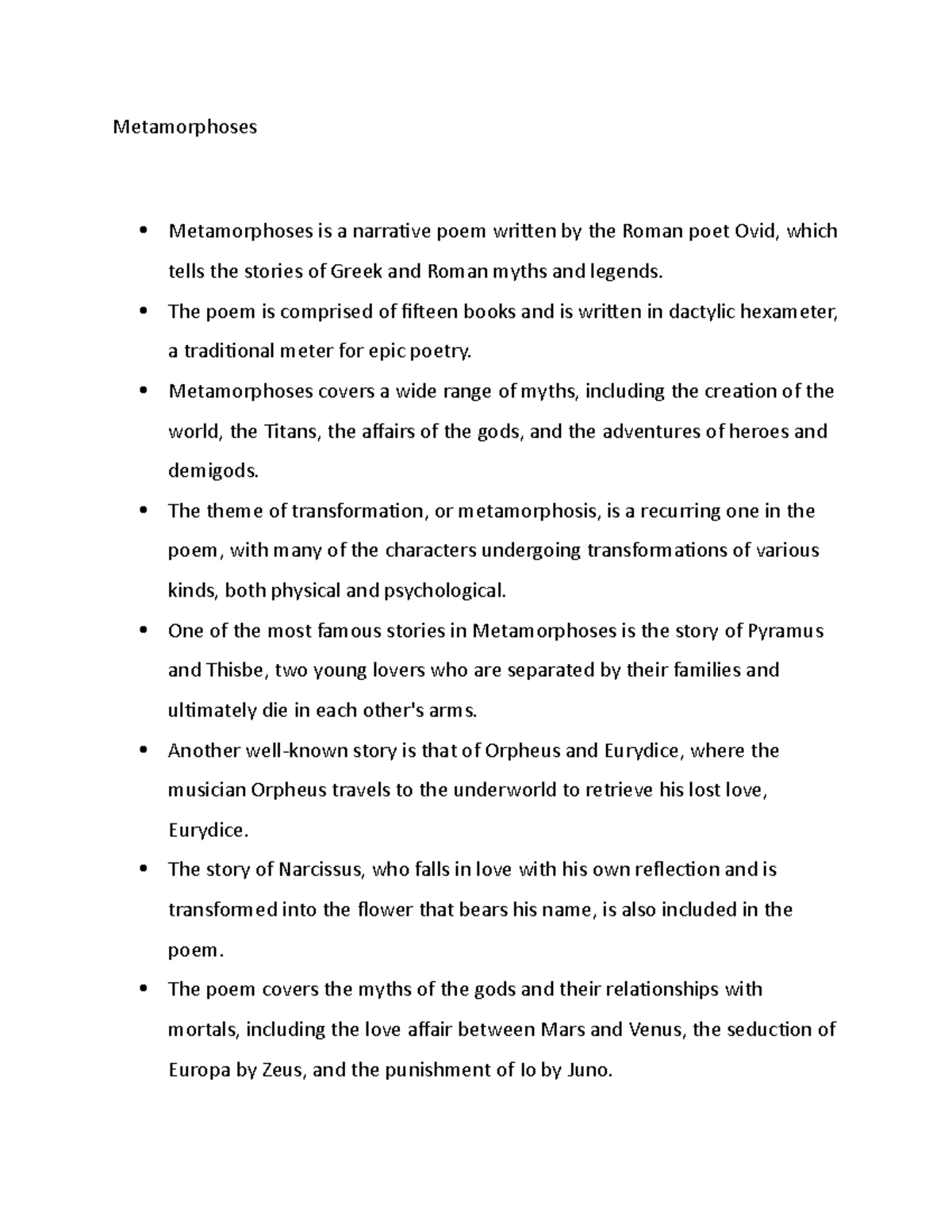 Metamorphoses notes - Metamorphoses Metamorphoses is a narrative poem ...