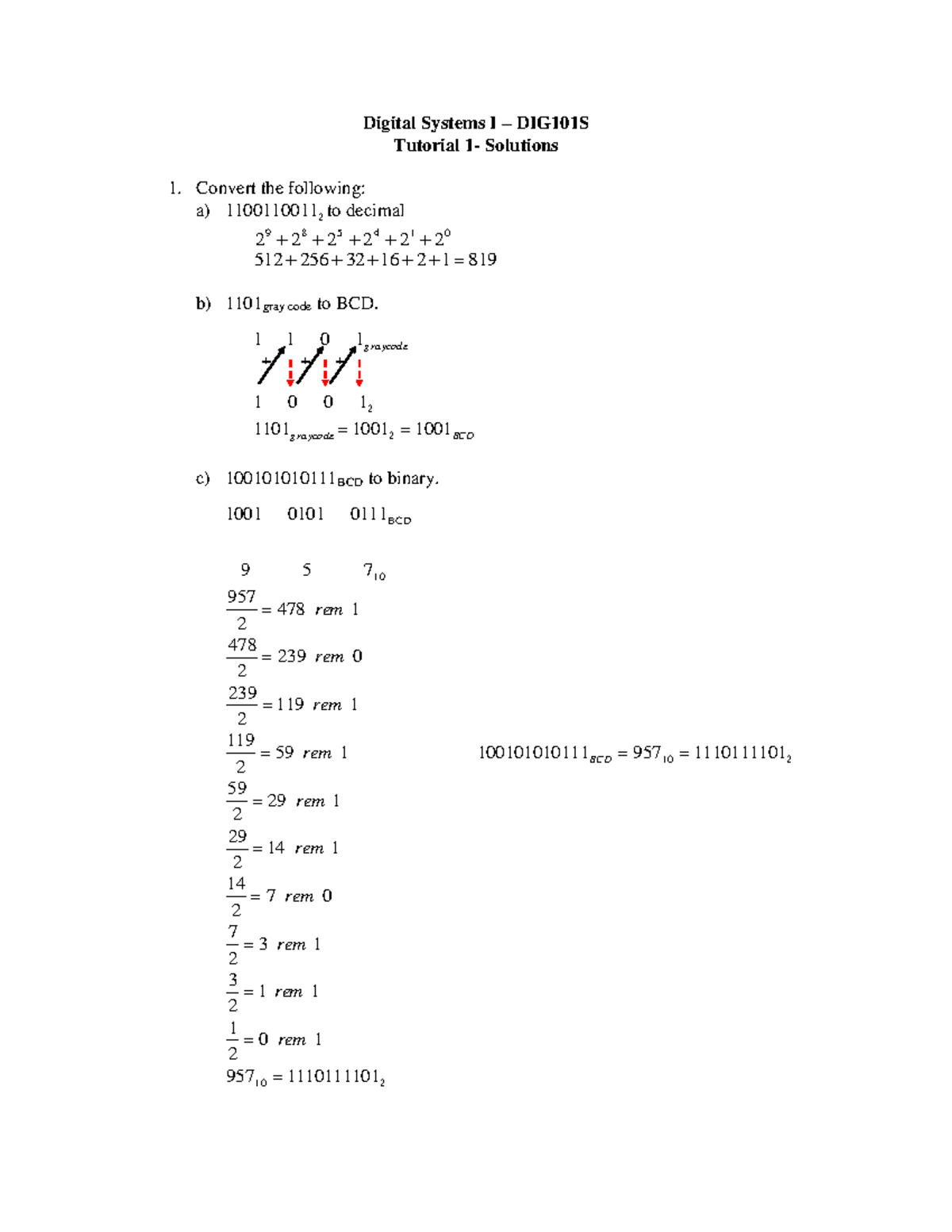 Tutorial 1 Solutions - Digital Systems 1 - Digital Systems I – DIG101S ...