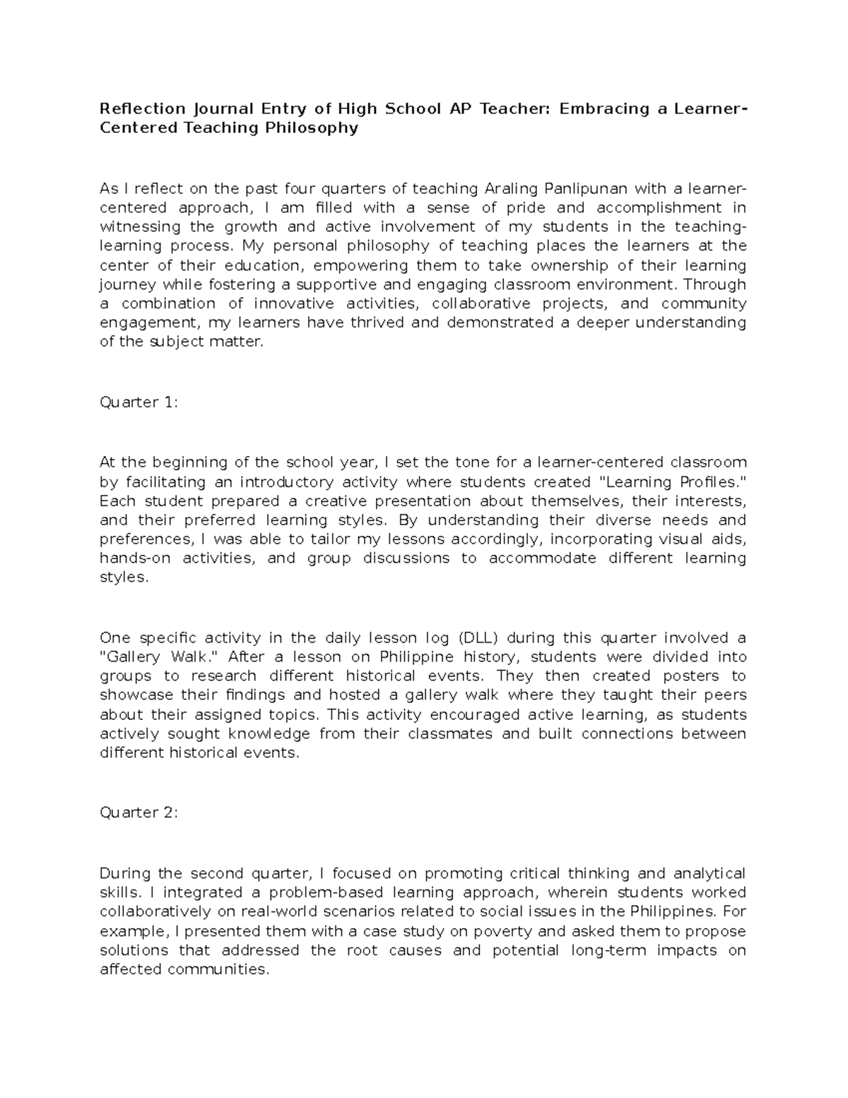 Reflection Journal Entry of High School AP Teacher - My personal ...