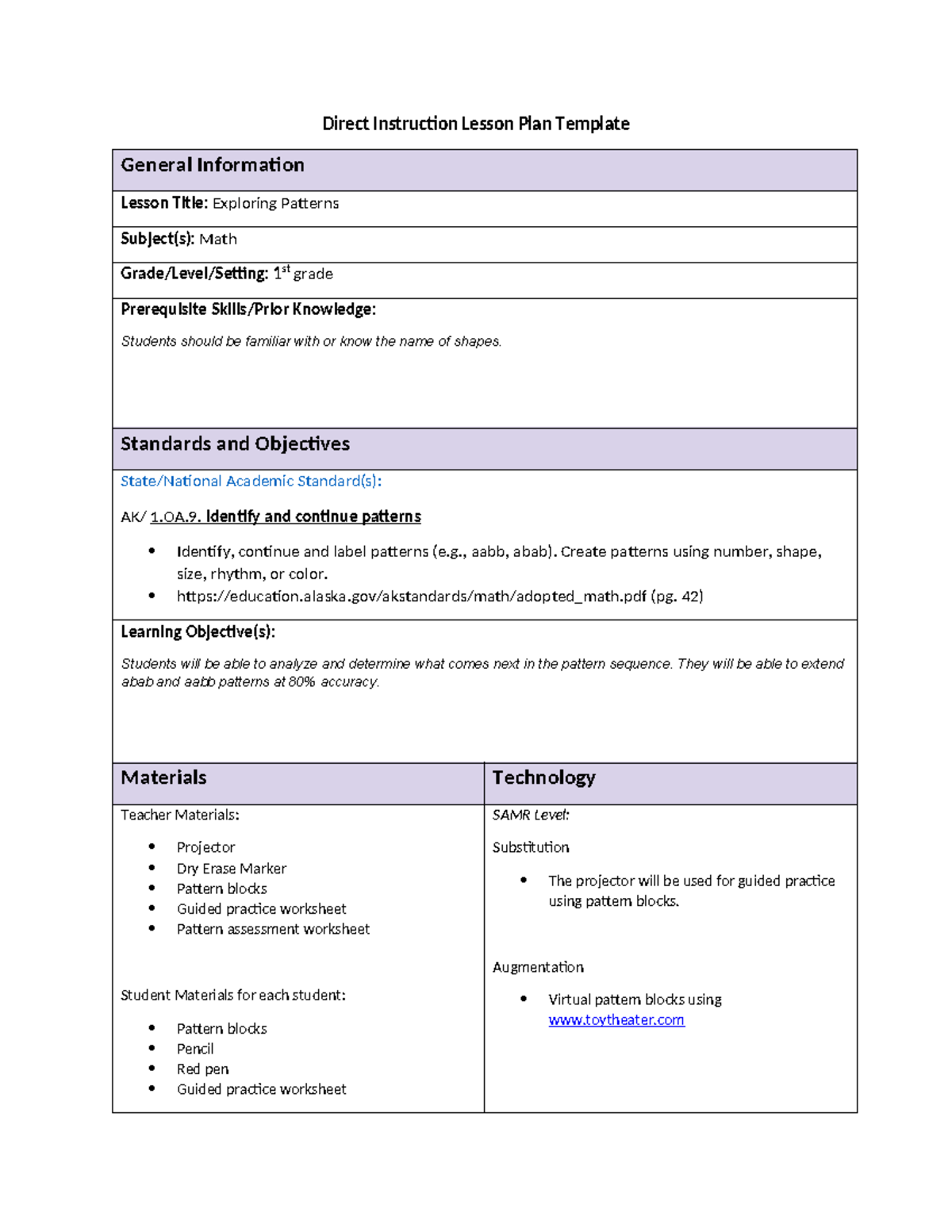 Task 1- Math Lesson Plan Template - Direct Instruction Lesson Plan Template General Information ...