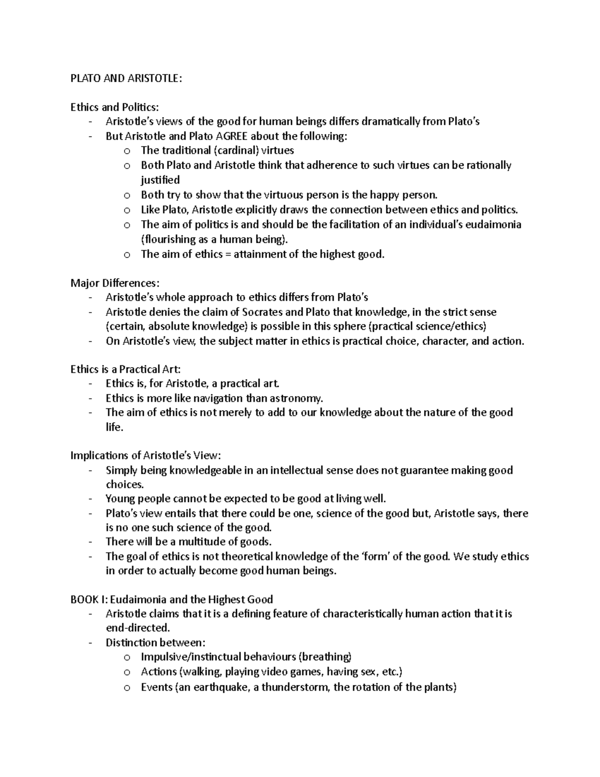 Plato AND Aristotle - Notes - PLATO AND ARISTOTLE: Ethics and Politics ...
