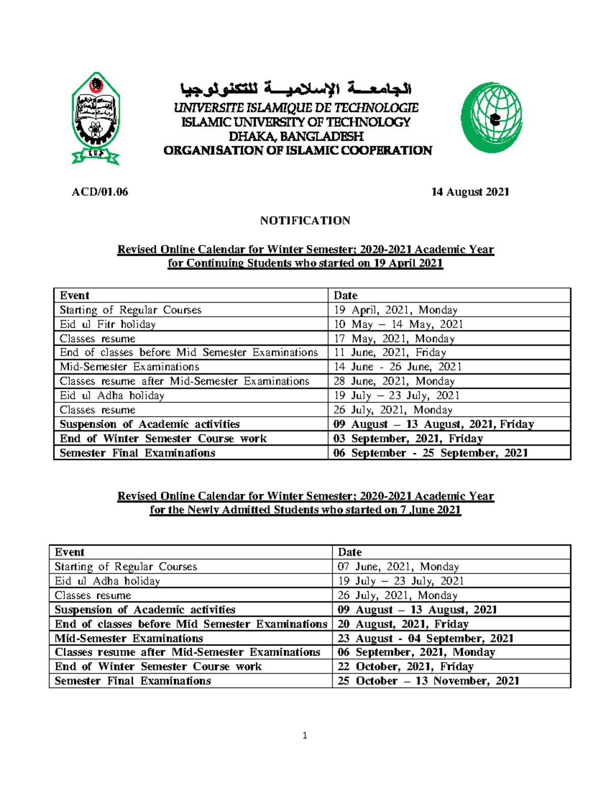 Revised Online Calendar for 2020-2021 AY for All Students - 1 ACD/01 14 ...