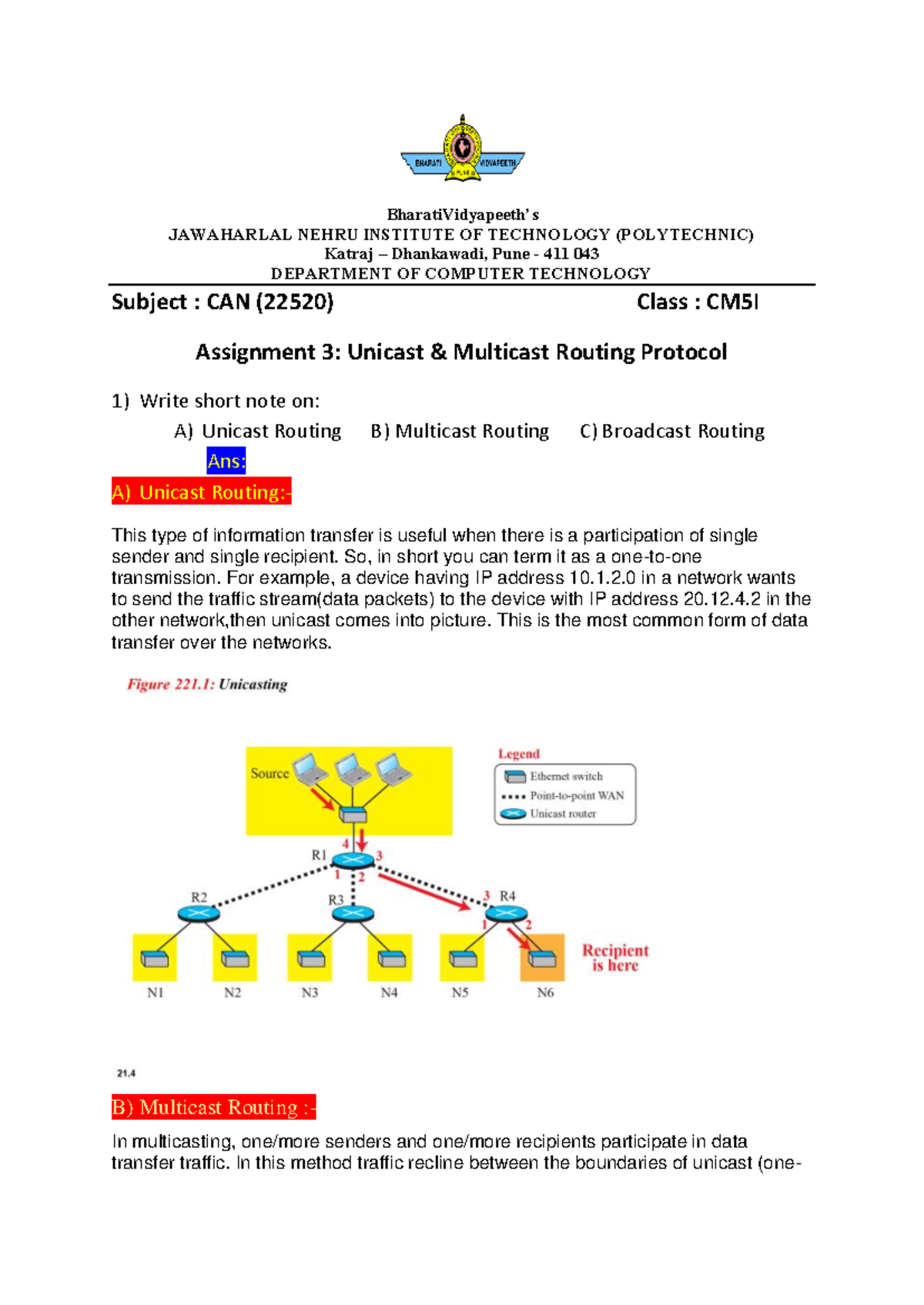 ACN Assignment 3 - BharatiVidyapeeth’s JAWAHARLAL NEHRU INSTITUTE OF TECHNOLOGY (POLYTECHNIC ...
