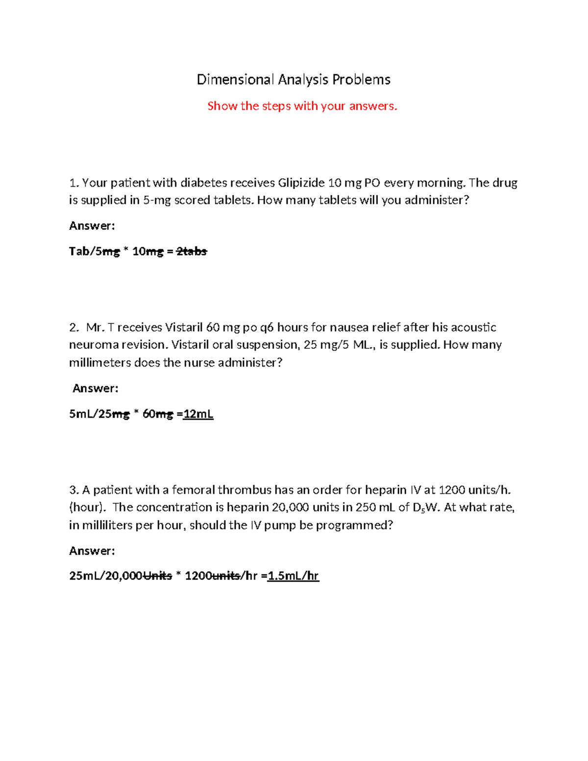 Dimentsional analysis, PA Med Math - Dimensional Analysis Problems Show ...