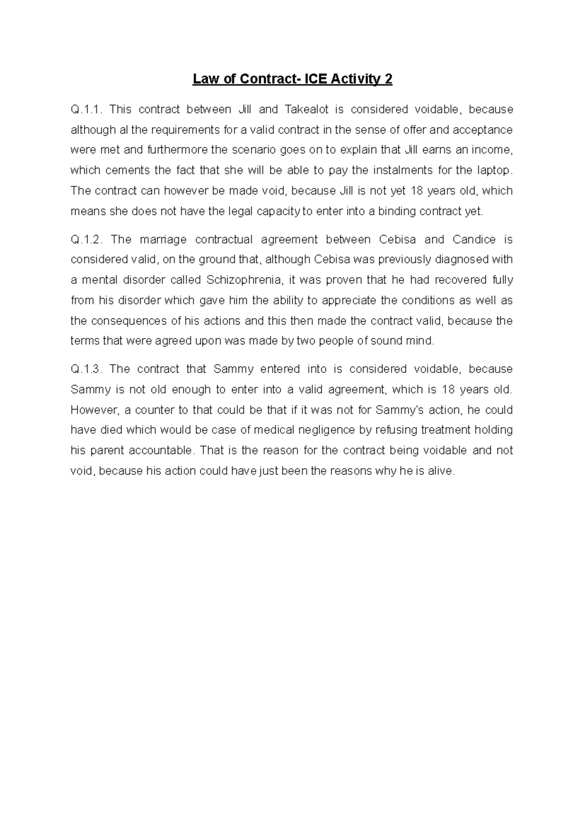 Law of Contract- Ice Activity 2 - Law of Contract- ICE Activity 2 Q.1 ...