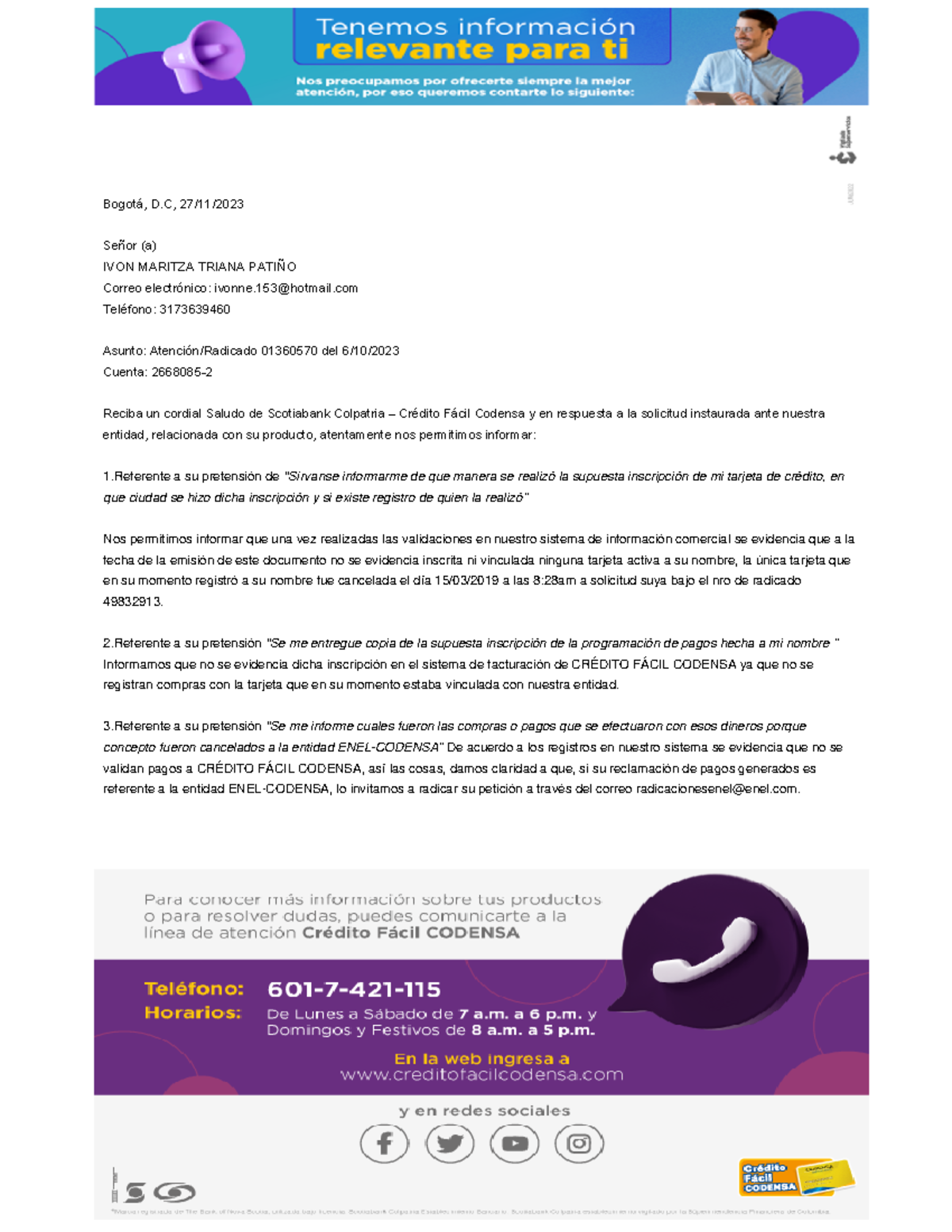 Respuesta codensa - Bogotá, D, 27/11/ Señor (a) IVON MARITZA TRIANA ...