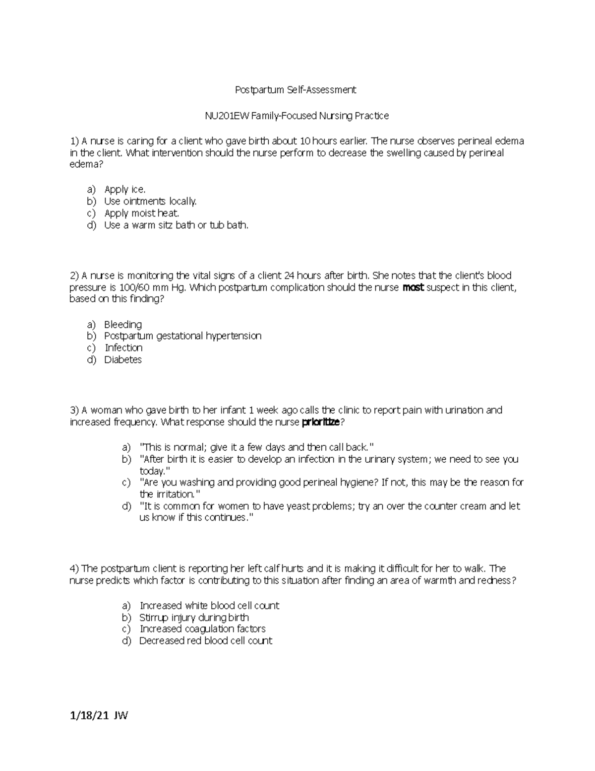 Postpartum Self Assessment Quiz SP21 - Postpartum Self-Assessment ...