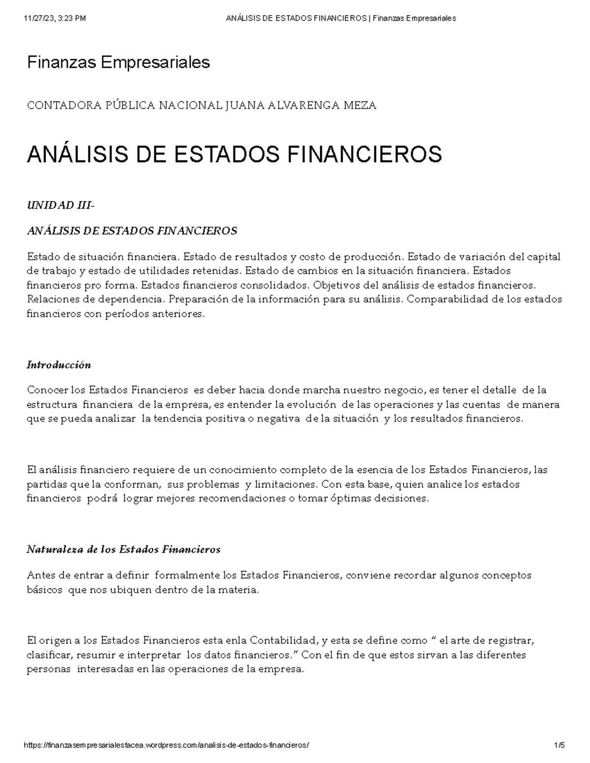 Análisis DE Estados Financieros Finanzas Empresariales - Finanzas Empresariales CONTADORA ...