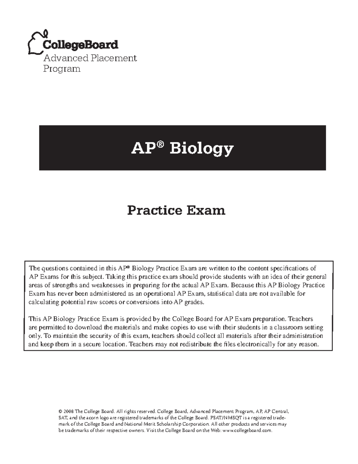 AP Biology 2008 Practice Exam - The questions contained in this AP ...
