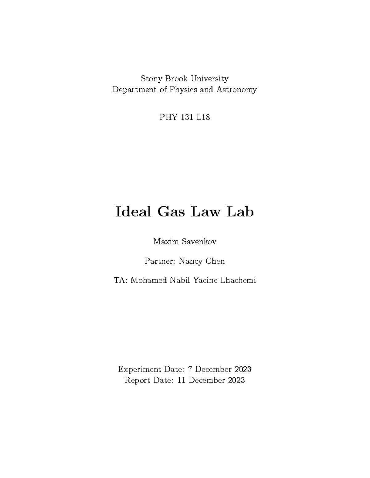 Ideal Gas Law Lab - Stony Brook University Department of Physics and ...