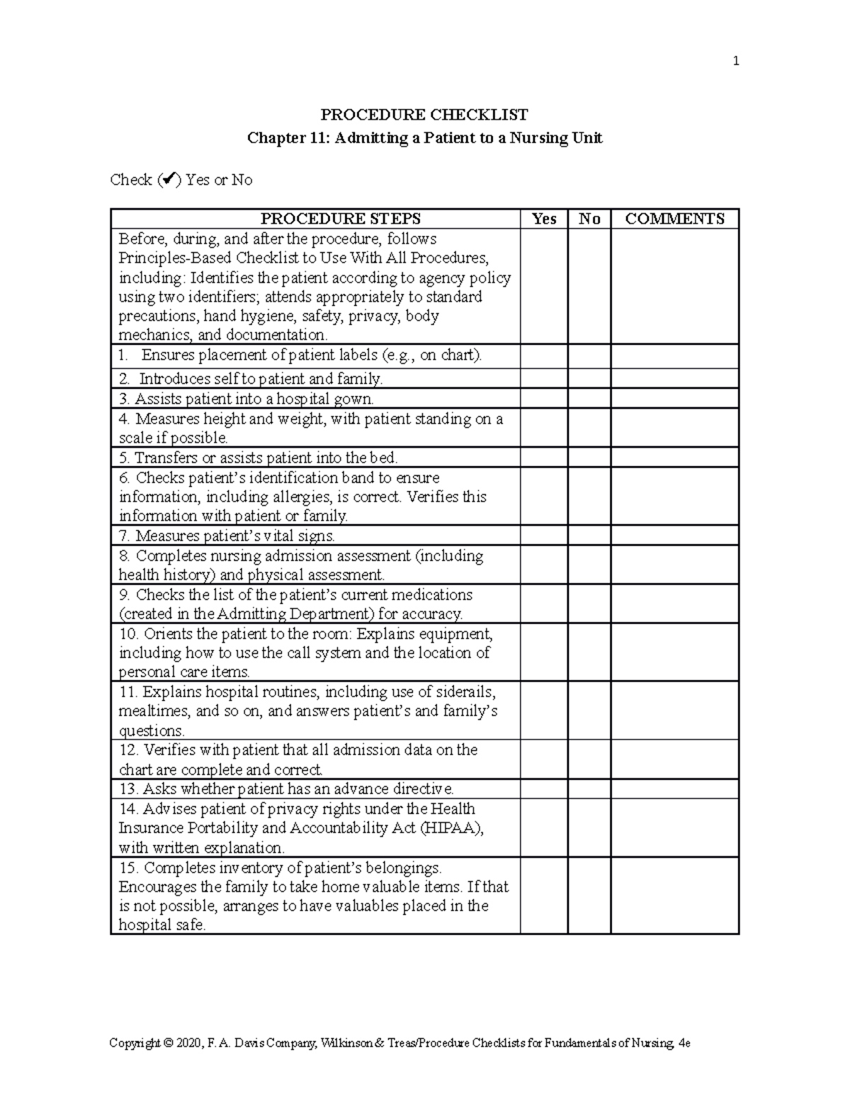 11-01 - Skill test out - 1 PROCEDURE CHECKLIST Chapter 11: Admitting a ...