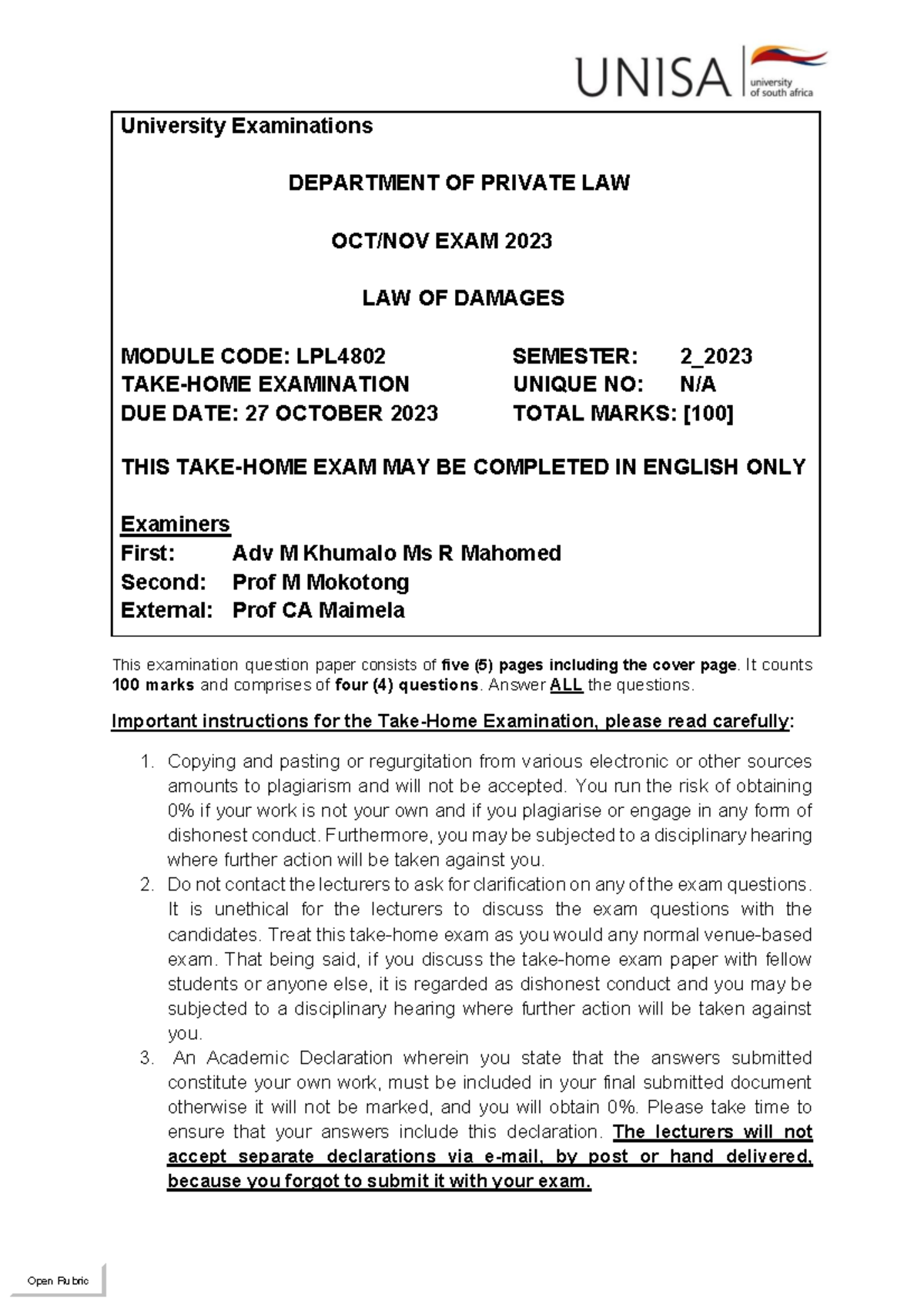 Exam Question Paper damages - University Examinations DEPARTMENT OF ...