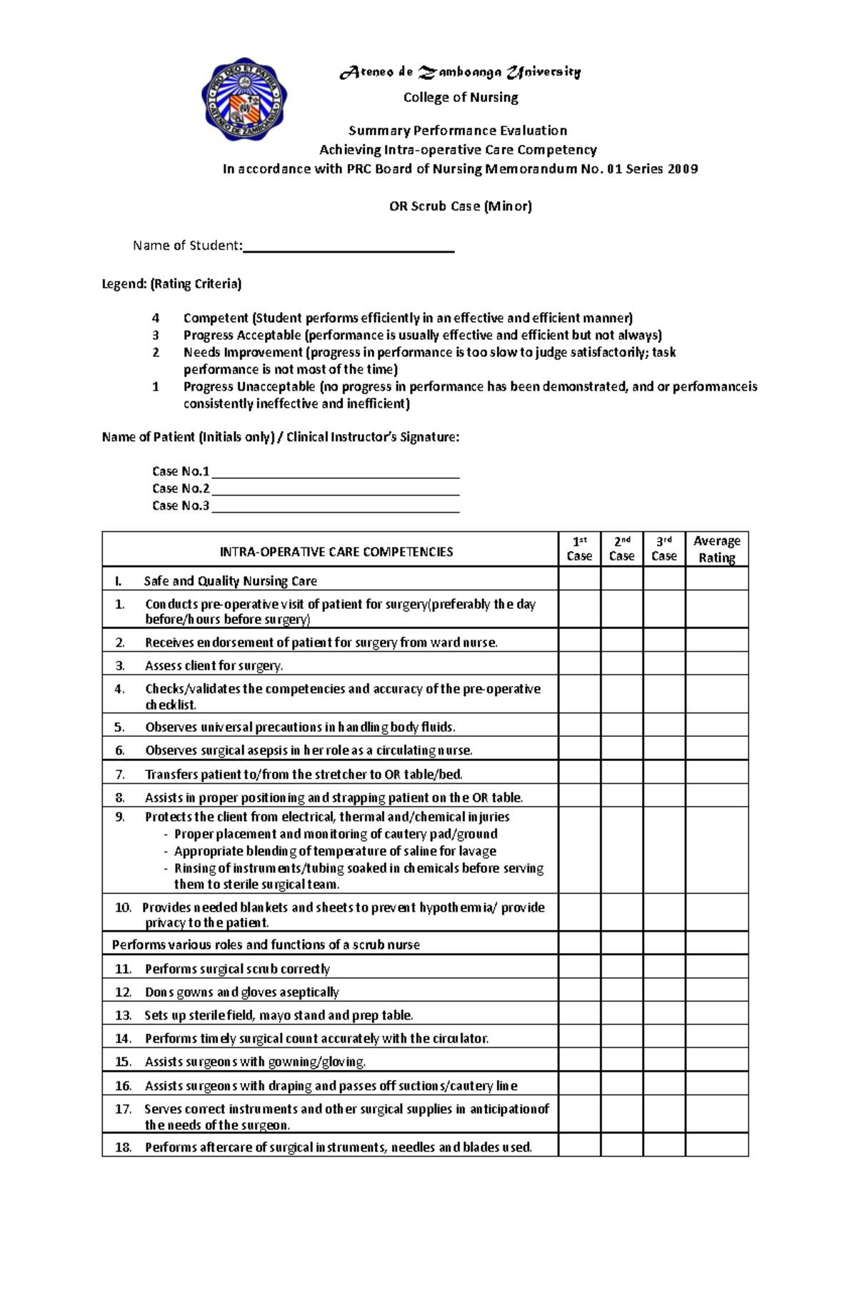 OR Checklist Scrub Minor - Ateneo de Zamboanga University College of ...