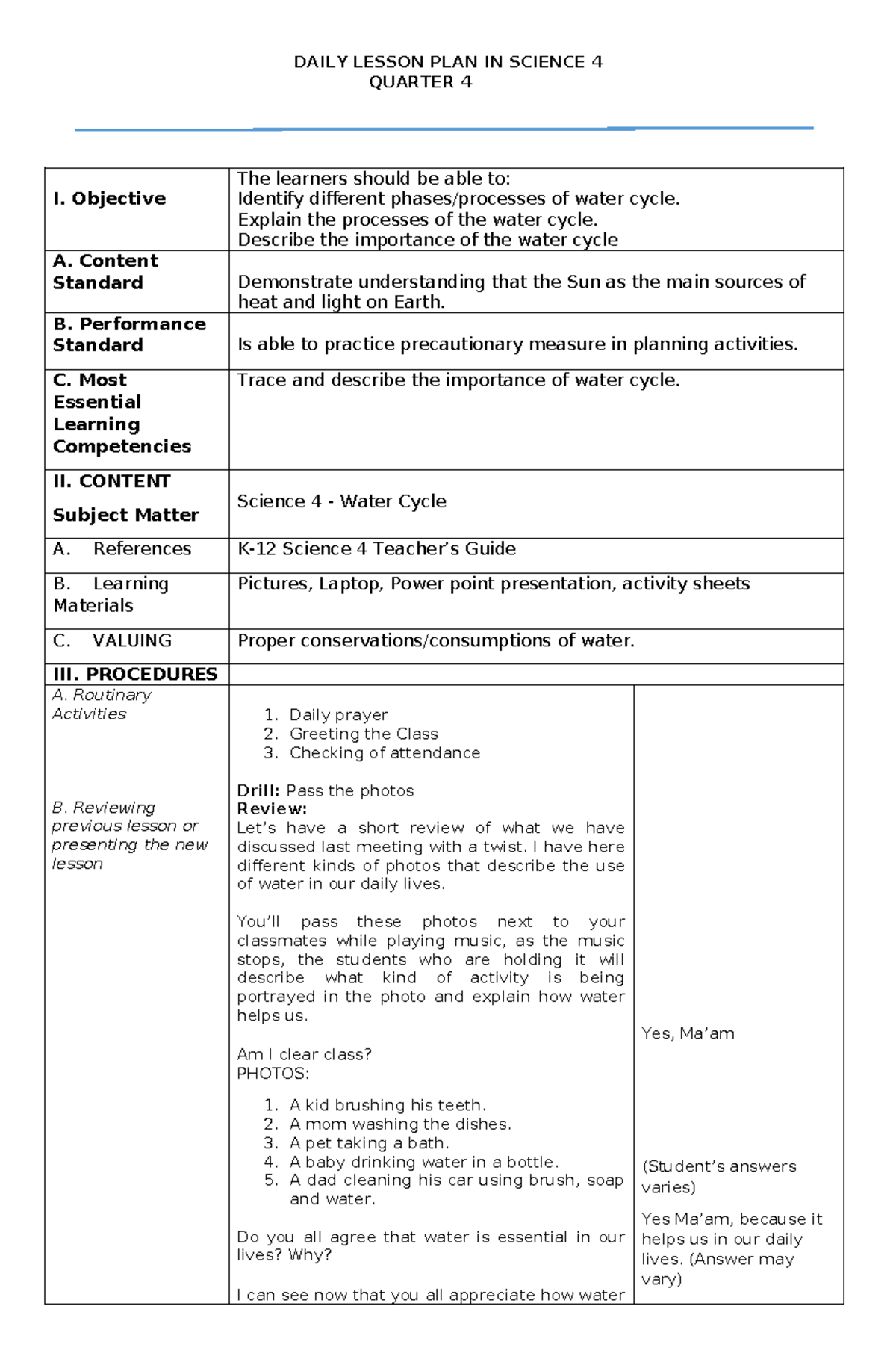 Austria- Science 4- Water Cycle - DAILY LESSON PLAN IN SCIENCE 4 ...