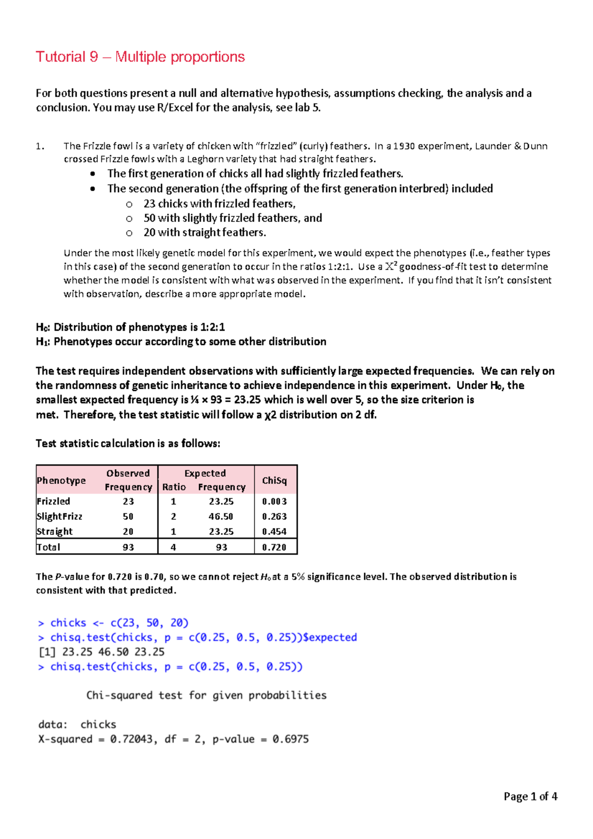 Tutorial 9Notes - LECTURE 9 NOTES - Tutorial 9 – Multiple proportions ...