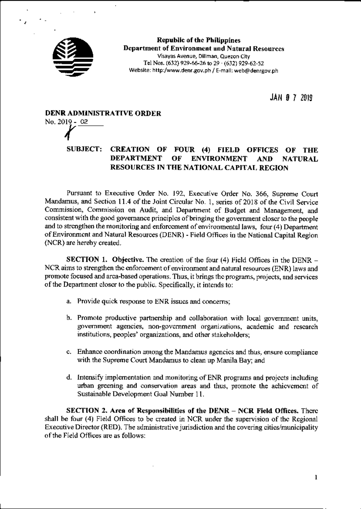 Dao-2019-02 Creation OF FOUR (4) Field Offices OF THE Department OF ...