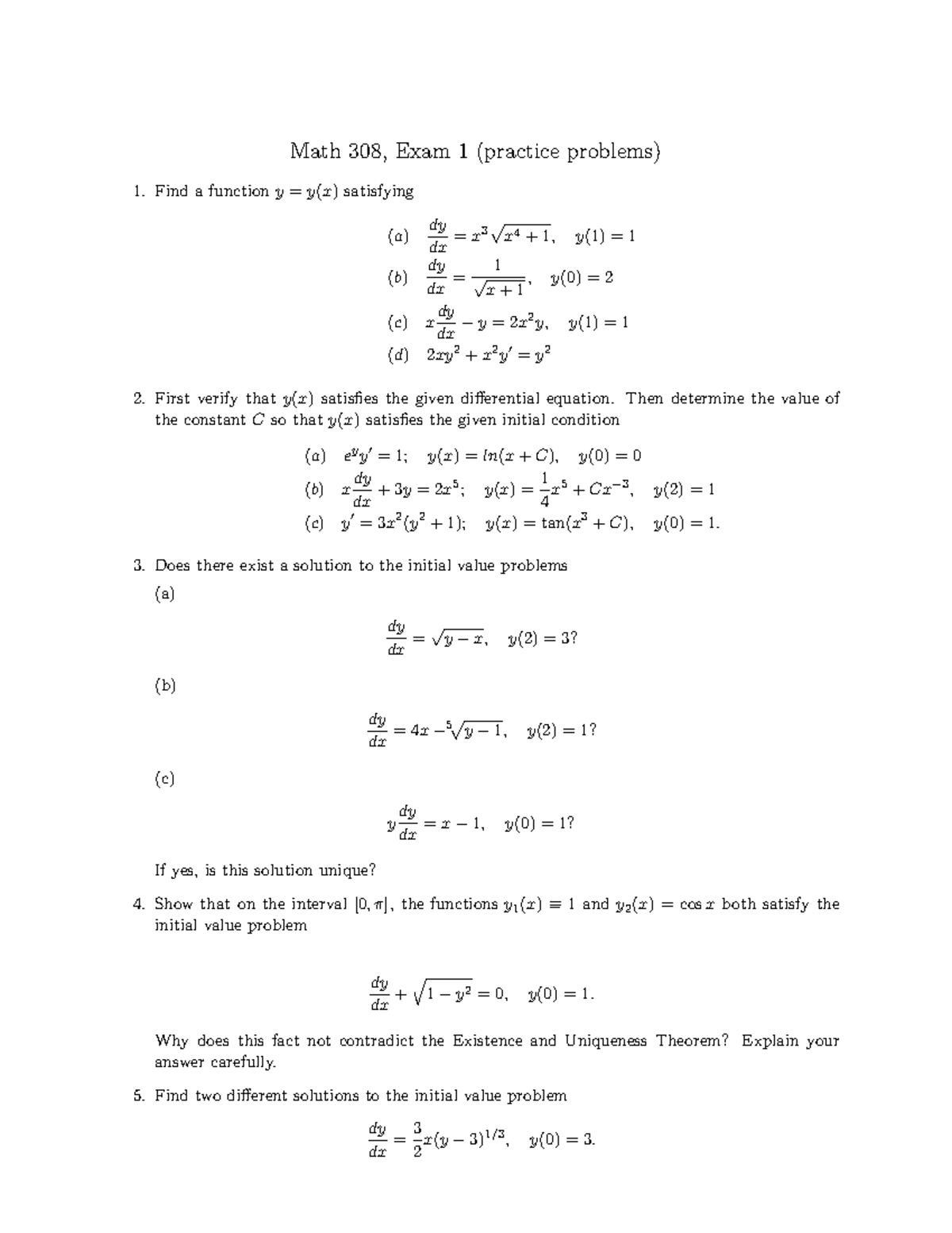 Rev308 2013 - ode - Math 308, Exam 1 (practice problems) Find a ...