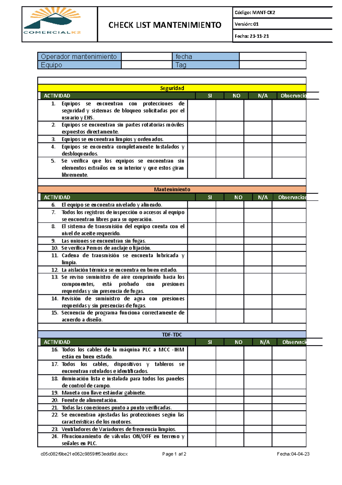 Check List rev 1 Ing-Mant CK2 - Operador mantenimiento fecha Equipo Tag ...