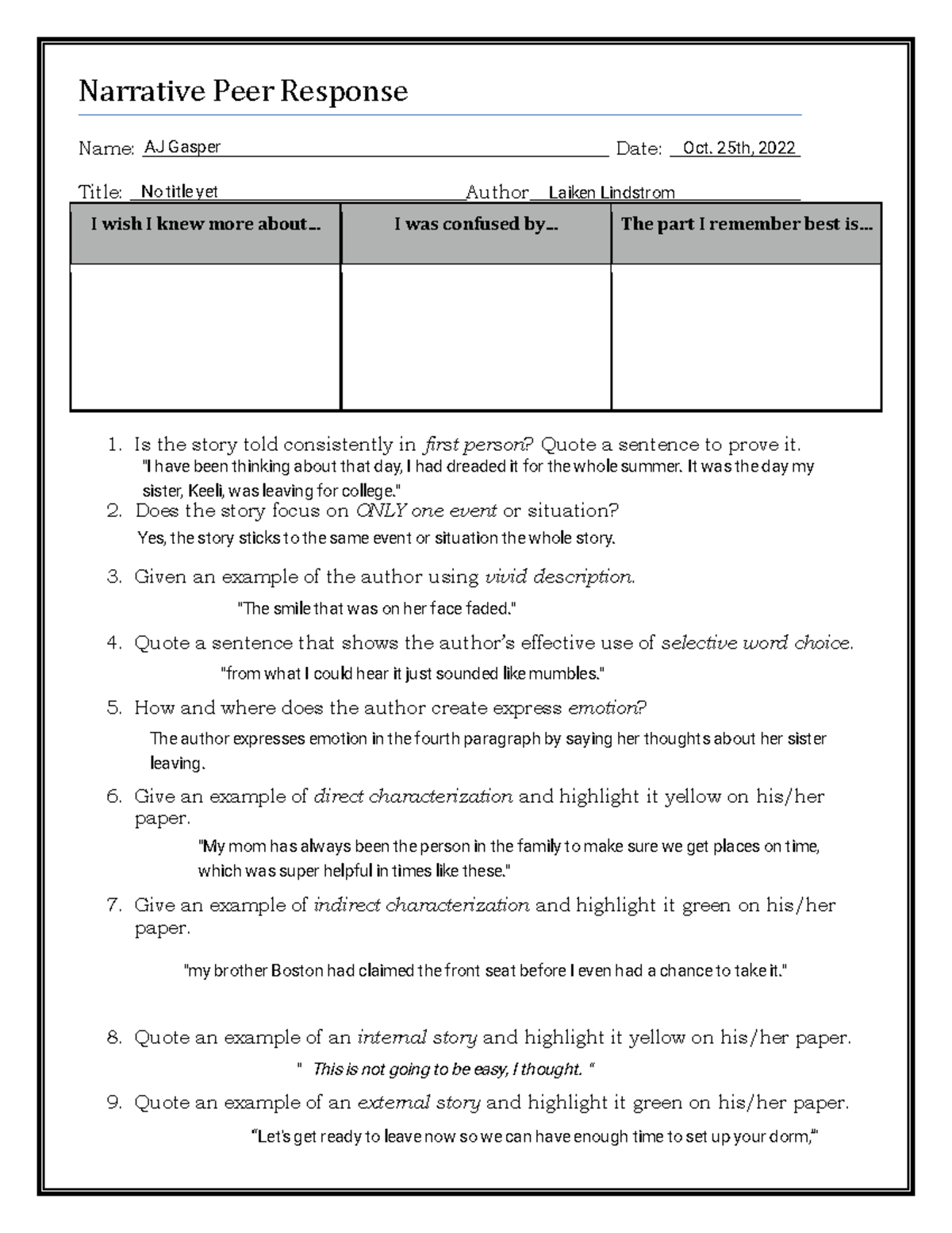 Alexander Gasper - Alexander Gasper - Peer response 21 - Narrative Peer Response Name: - Studocu