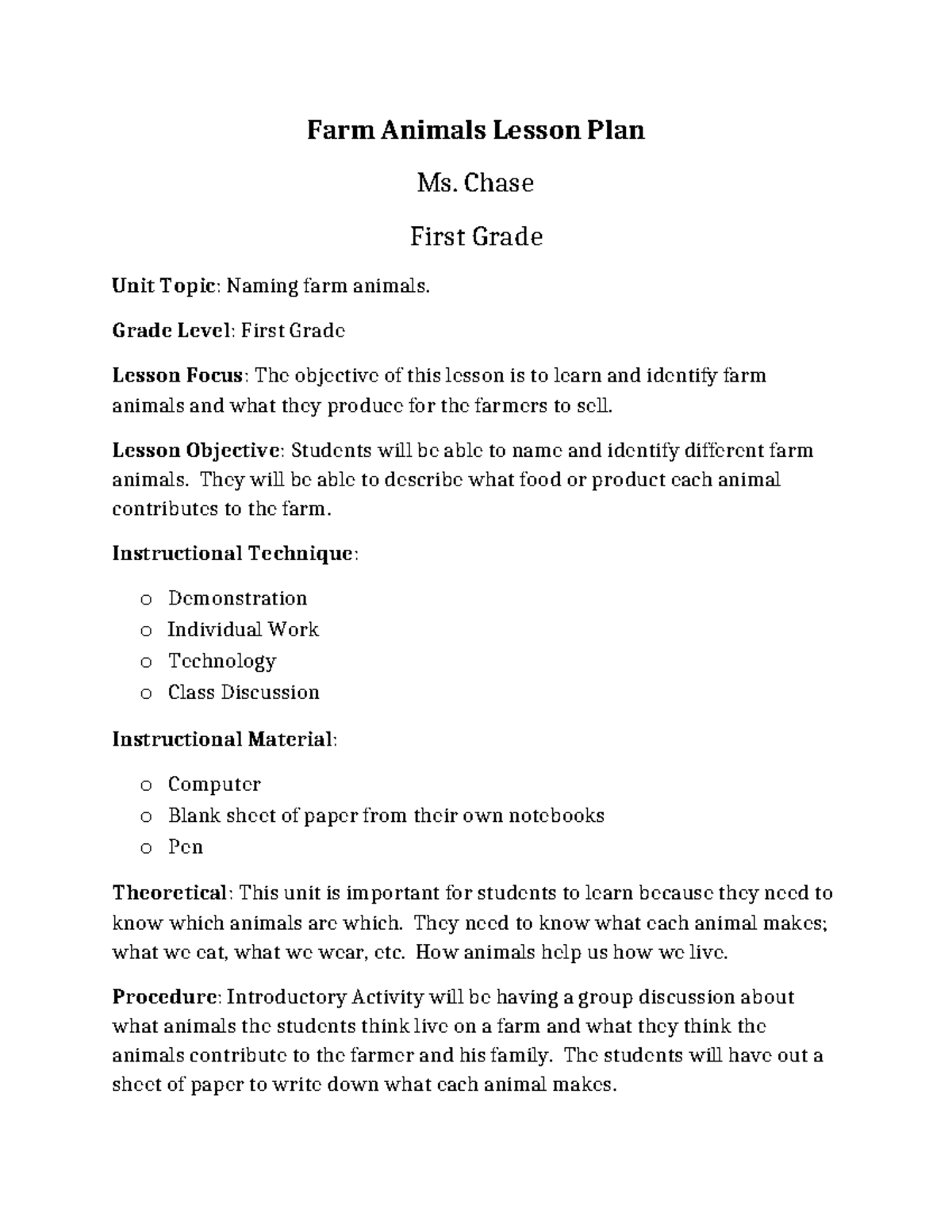 First Grade Farm Animals Lesson Plan Overview - Farm Animals Lesson ...