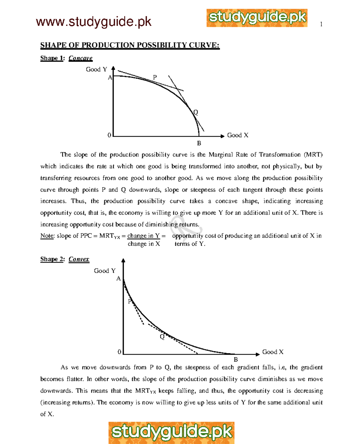 1. Basic Economic Ideas - 1 SHAPE OF PRODUCTION POSSIBILITY CURVE ...