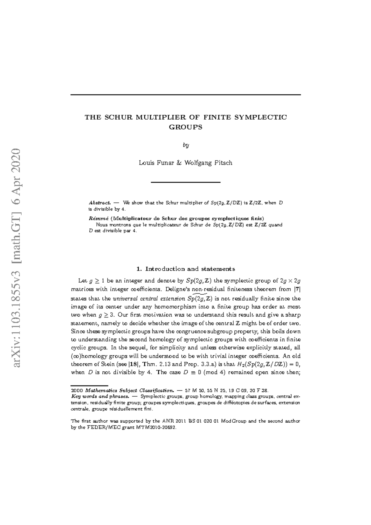 1103 - Cours - arXiv:1103 [math] 6 Apr 2020 THE SCHUR MULTIPLIER OF ...