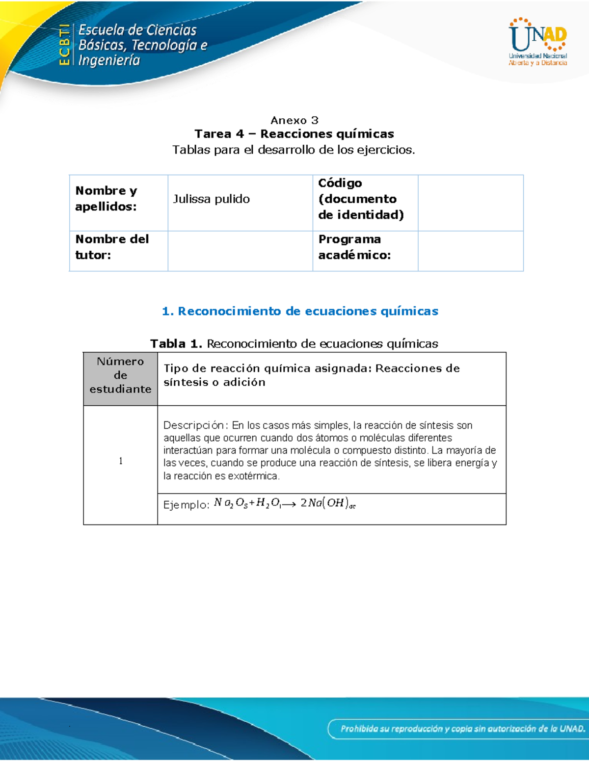 Avances - vgfchkibkhyuk - Anexo 3 Tarea 4 – Reacciones químicas Tablas para el desarrollo de los ...