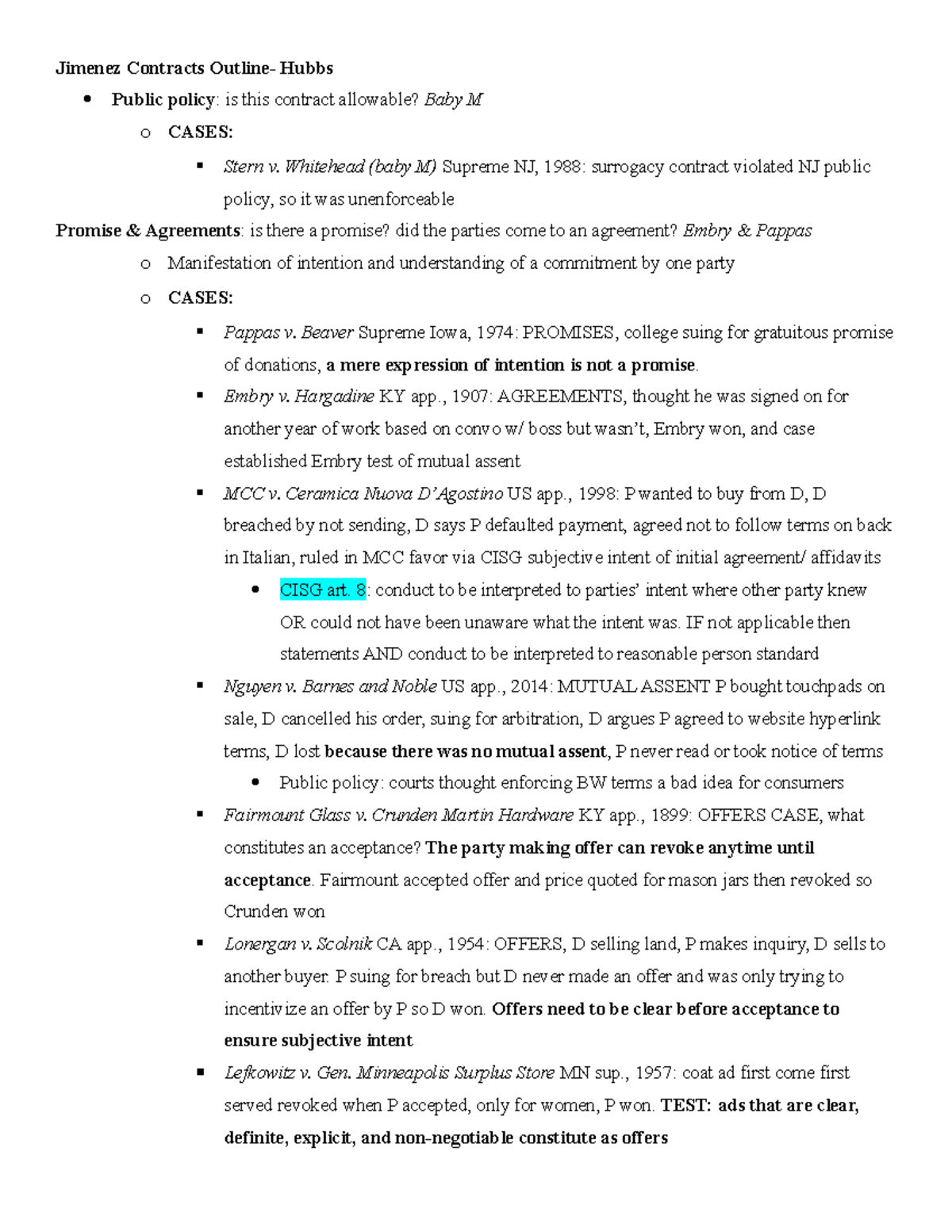 Jimenez Contracts Outline - Whitehead (baby M) Supreme NJ, 1988 ...