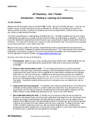 AP chem U3 - Practice test - AP Chemistry Unit 3 Practice Test Name