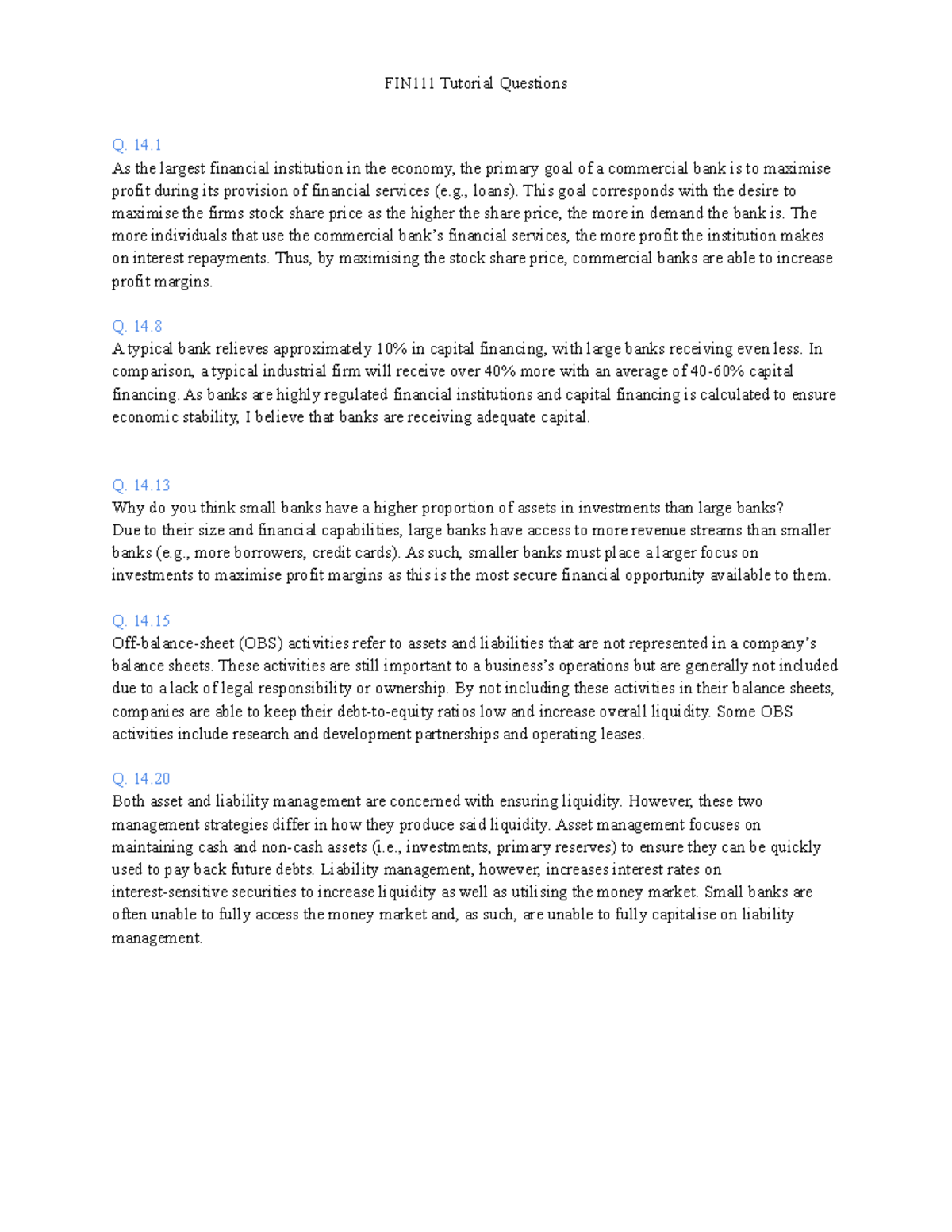 FIN111 week 7 tutorial questions - FIN 111 - UOW - Studocu