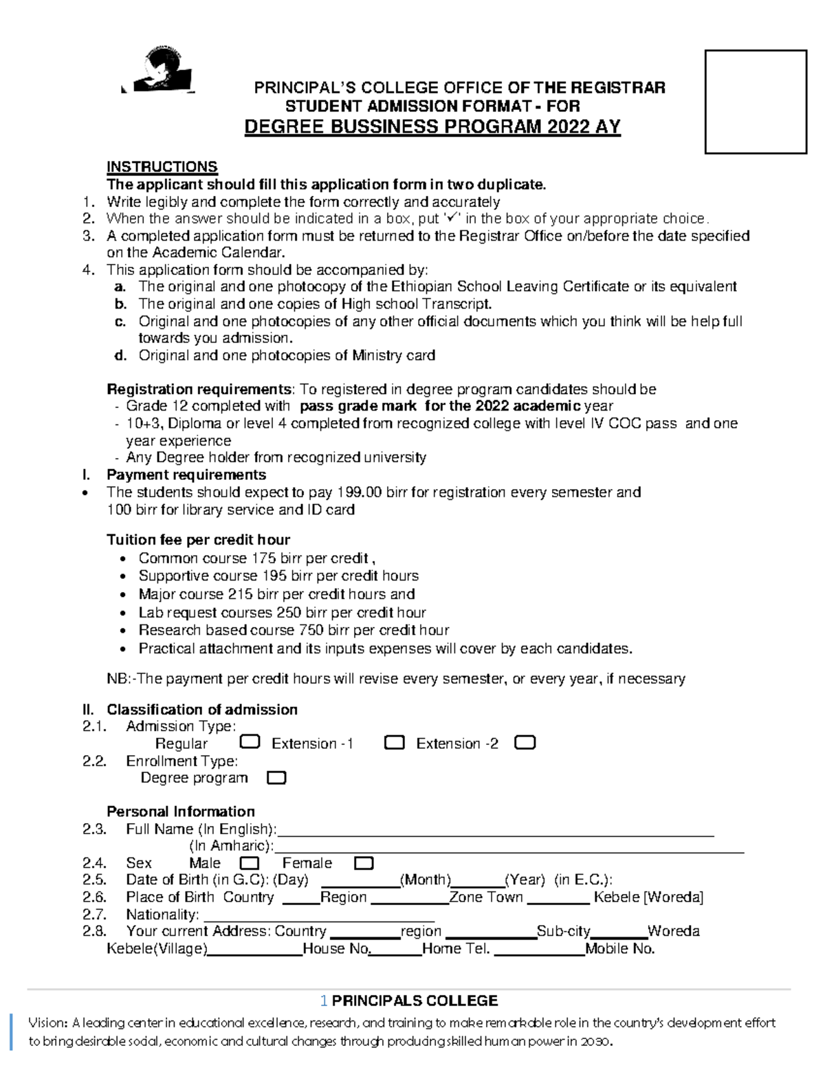 Principals Ayer Tena college Degrre students Regestration format - 1 ...