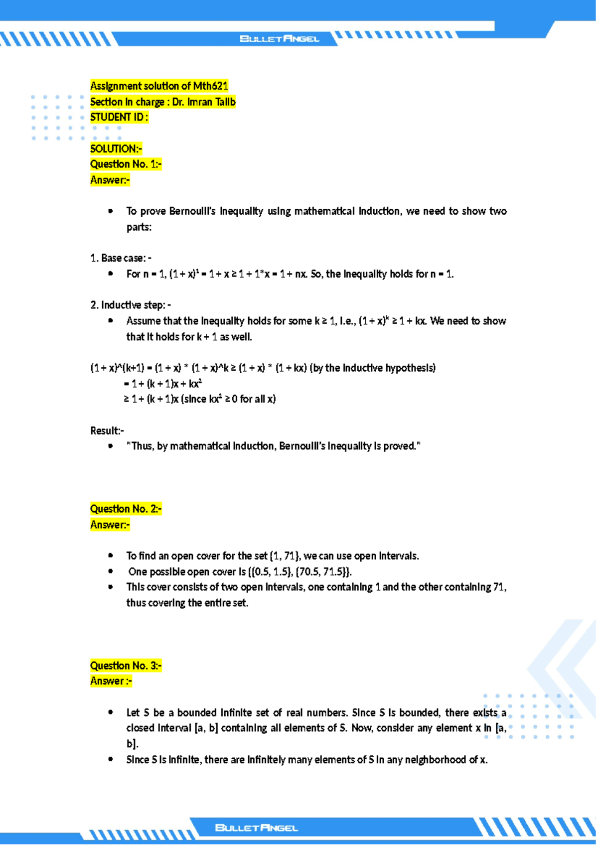 Assig.solu , Mth621-Dr. Imran Talib - Assignment solution of Mth Section in charge : Dr. Imran ...