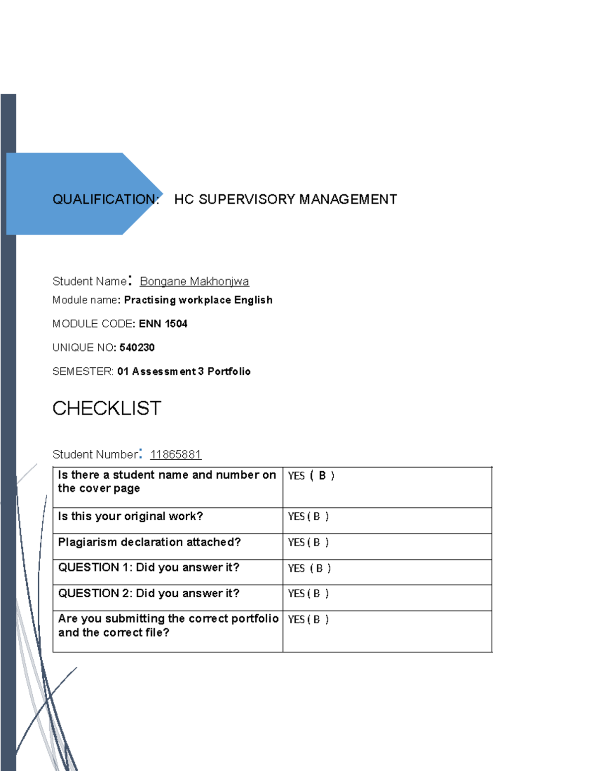 Final portfolio draft - QUALIFICATION: HC SUPERVISORY MANAGEMENT Student Name: Bongane Makhonjwa ...