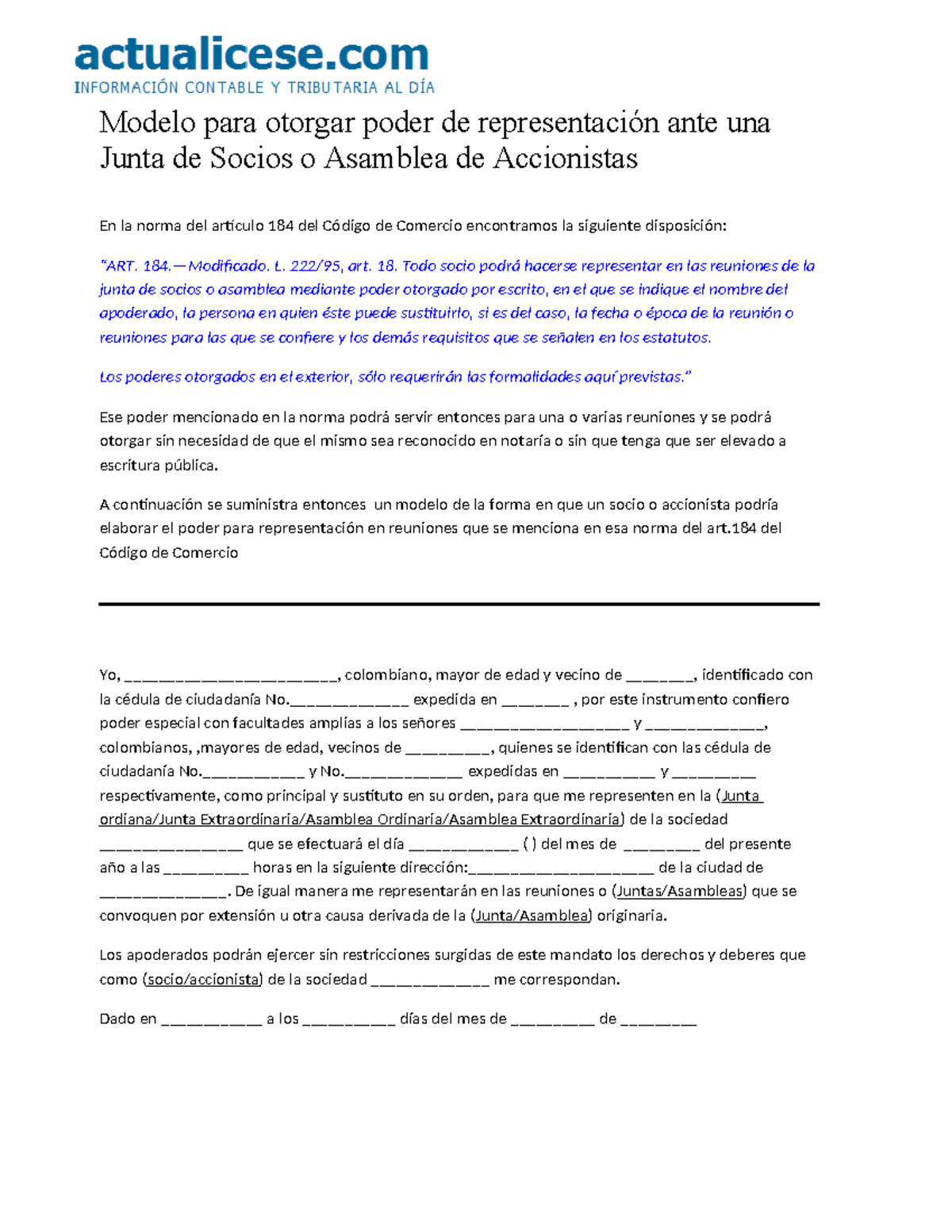 Modelo para otorgar poder de representacion - 184.—Modificado. L. 222/ ...