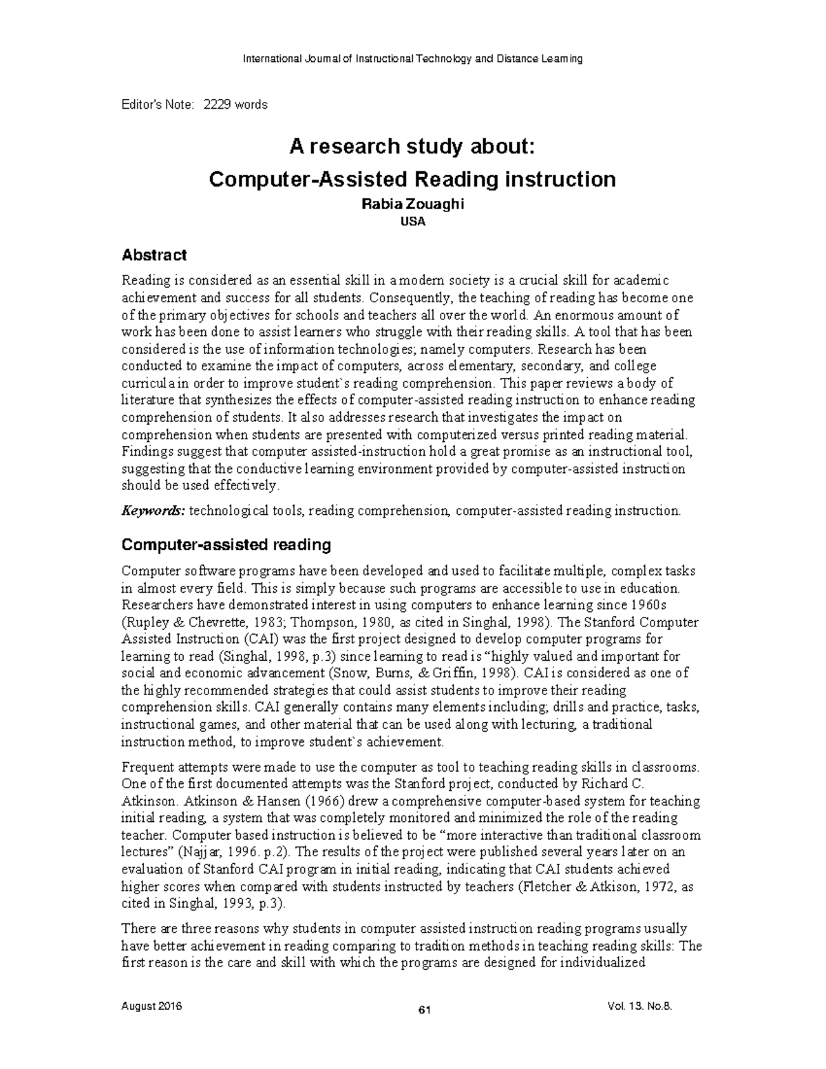 A Research Study about Computer-Assisted Reading Instruction - Editor’s ...