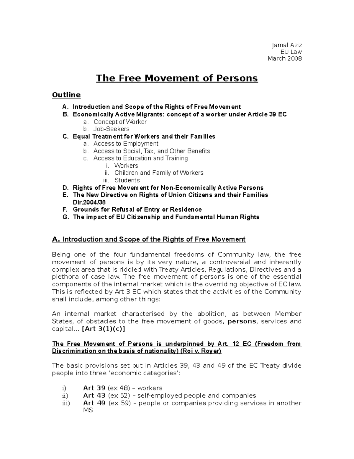 The Free Movement of Persons, EU LAW, University of London, summary ...
