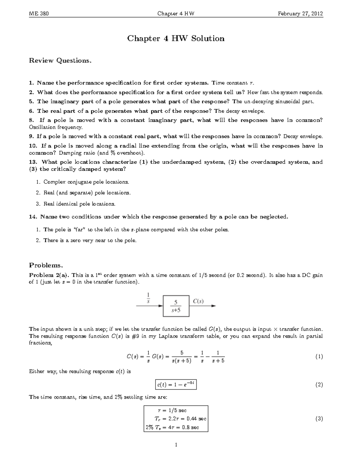 Name the performance specification for first order systems - Chapter 4 HW Solution Review ...