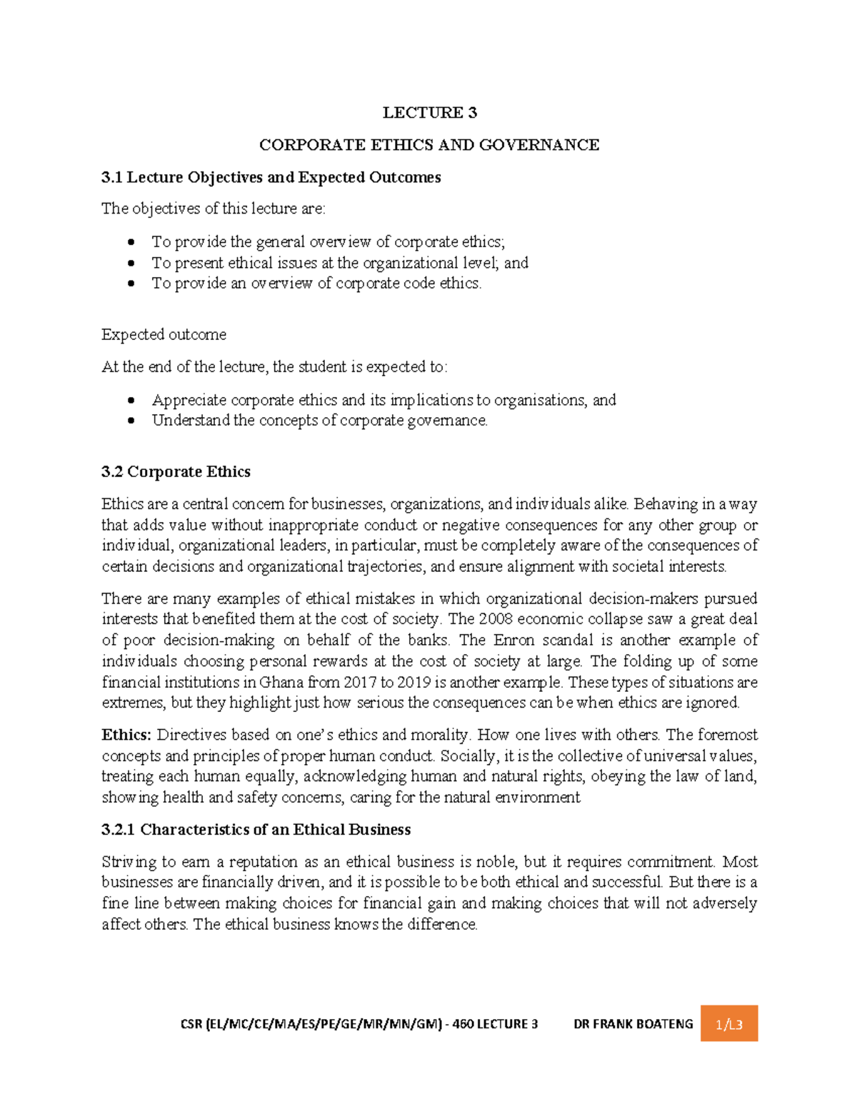 Lecture 3 Corporate Ethics AND Governance - LECTURE 3 CORPORATE ETHICS ...