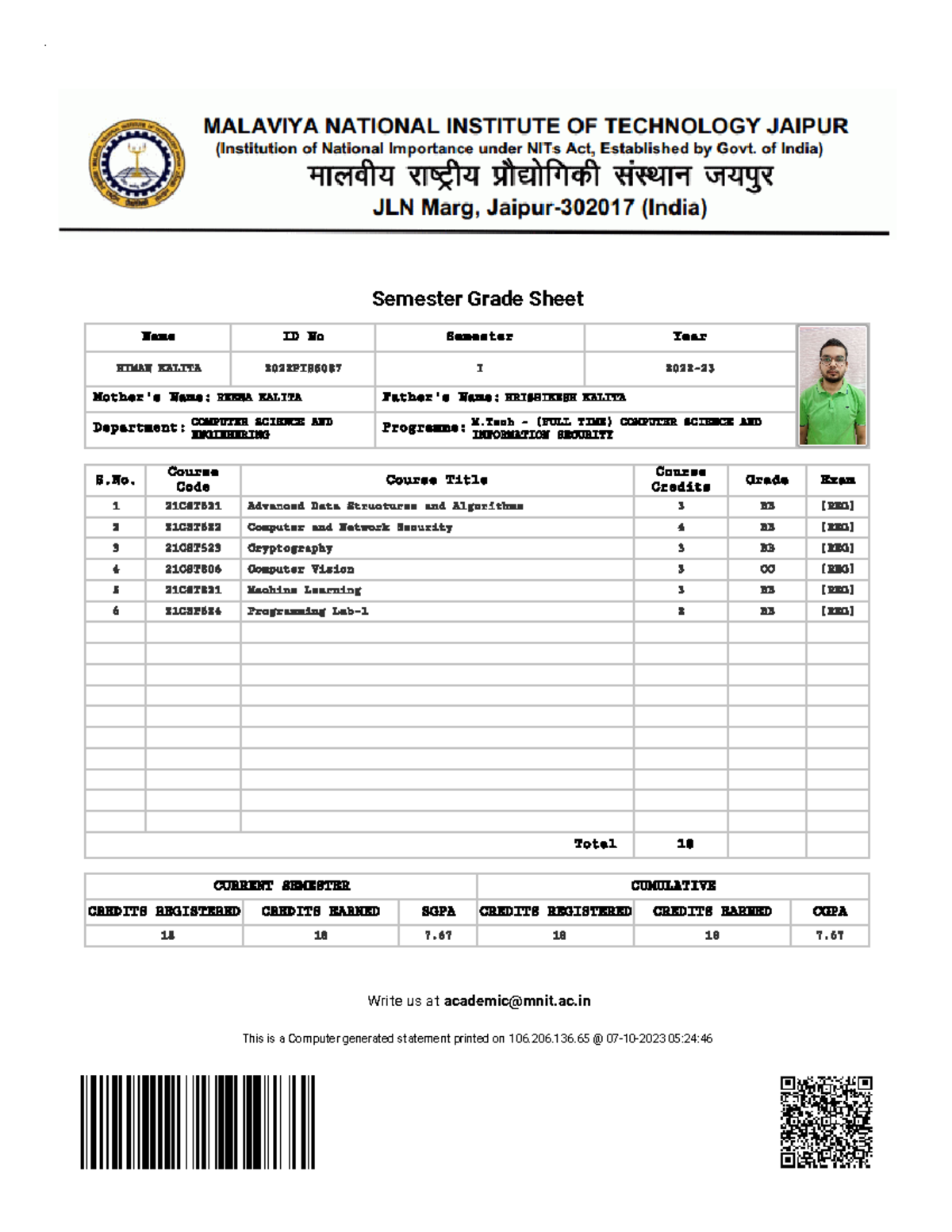 Mtech 1st sem grade card - Semester Grade Sheet Name ID No Semester ...