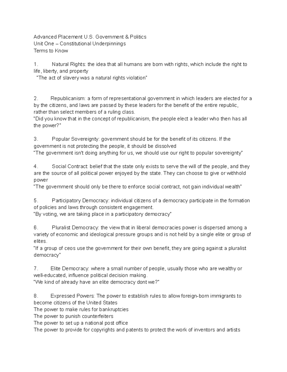 Unit 1 vocab - Lecture notes 2 - Advanced Placement U. Government ...