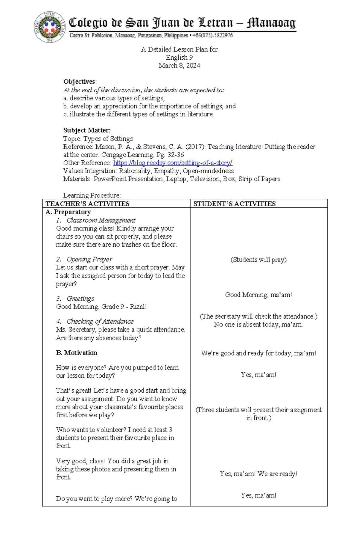 DLP - Lesson 5 (Types of Setting) - A Detailed Lesson Plan for English ...