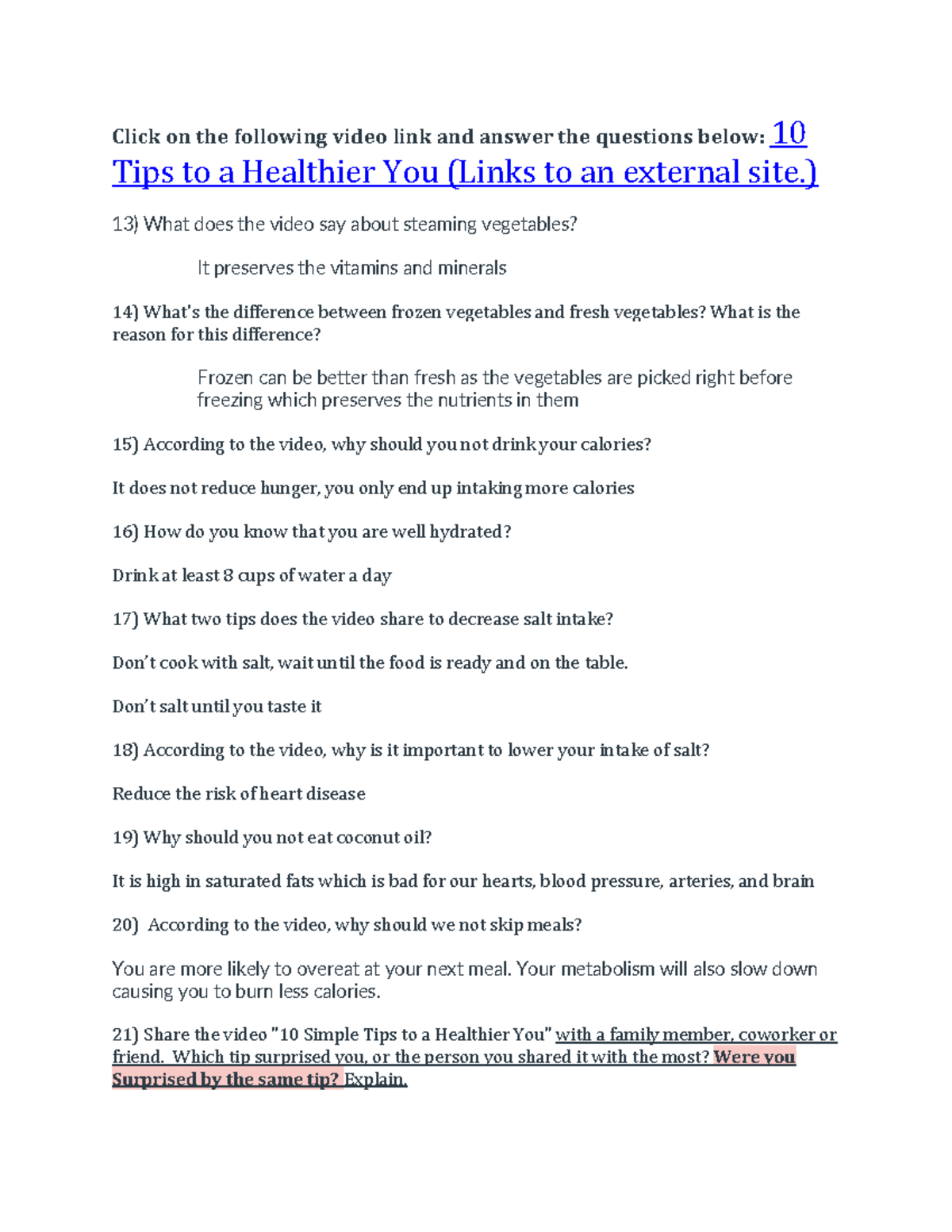 Health video homework - Click on the following video link and answer ...