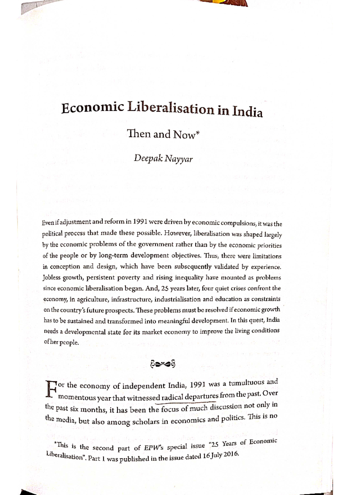 Economic Liberalisation in India summary sem 5 - BA Honours Political ...
